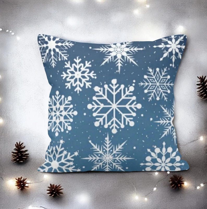 Capa de almofada azul com flocos de neve, almofada decorativa de Natal ...