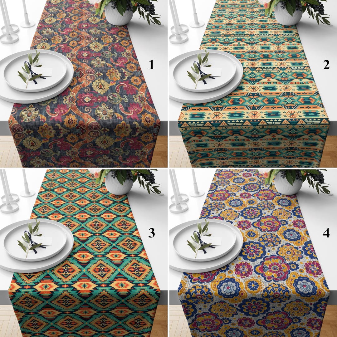 Folk Art Style Table Runner, Paisley Bohemian Table Design, Aztec Boho ...