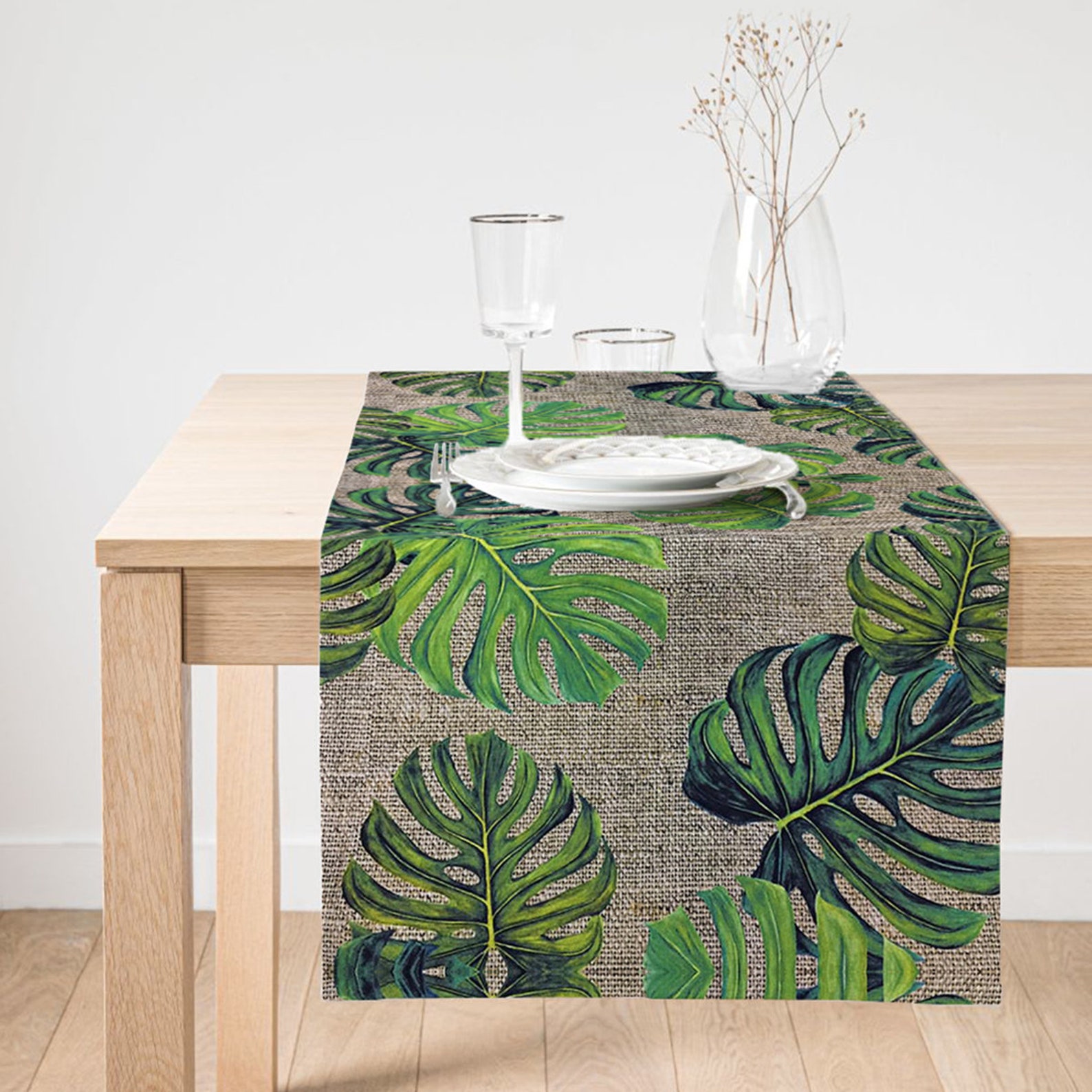 Giant Leaves Table Runner, Houndstooth Table Runner, Monstera Leaf ...