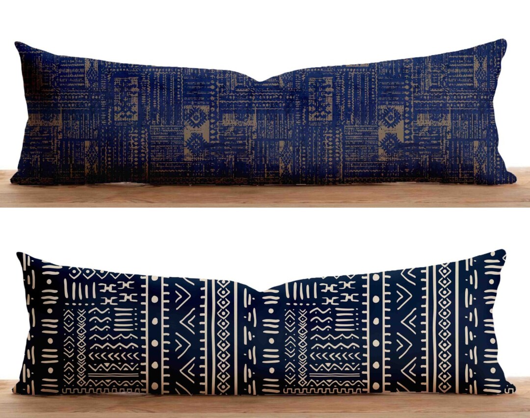 Rug Pattern Long Pillow Case, Ethnic Design Bench Pillow Cover, Blue ...