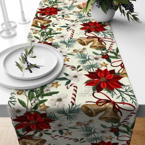 Christmas Red Flowers Printing Table Runner, Xmas Floral Runner, Noel ...