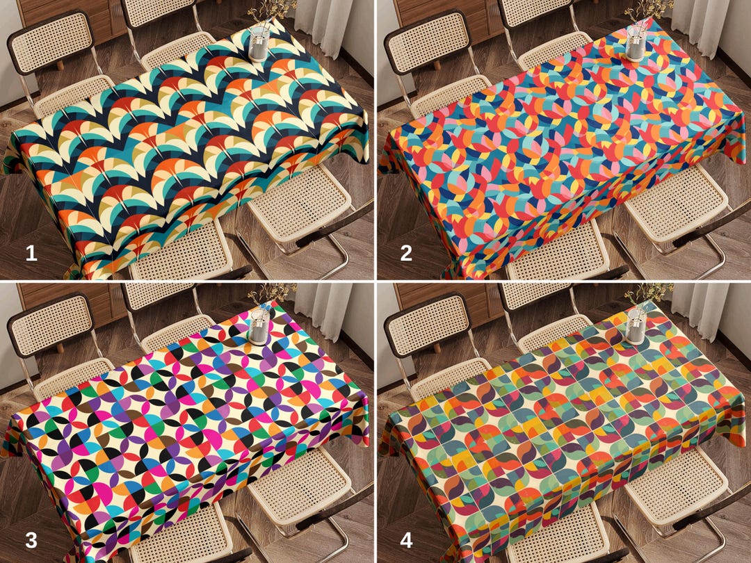 Retro Pattern Table Cover, Geometric Tablecloth, Vintage Abstract Table ...