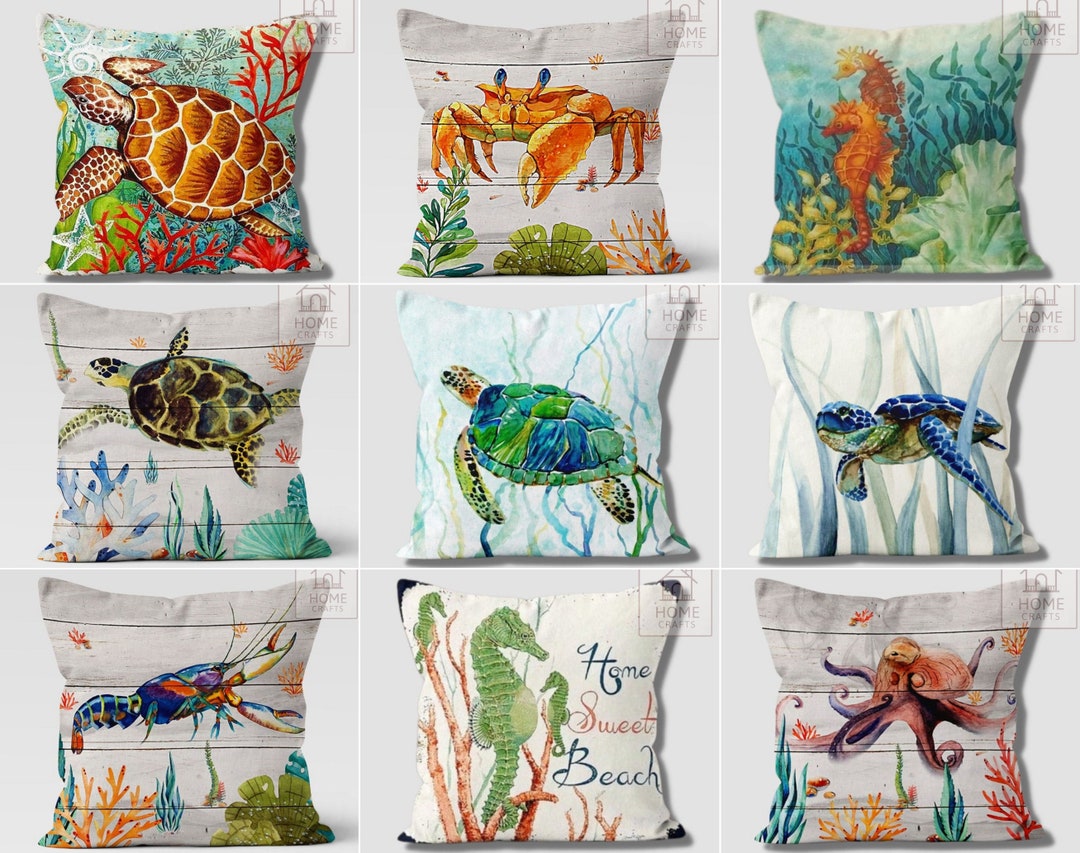 Sea Turtle Pillow Cover, Coastal Crab Cushion, Watercolor Marine Life ...