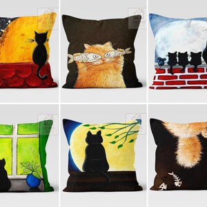 Cat Pattern Pillow Cover, Cute Cat Cushion Cover, Black Yellow Cat ...