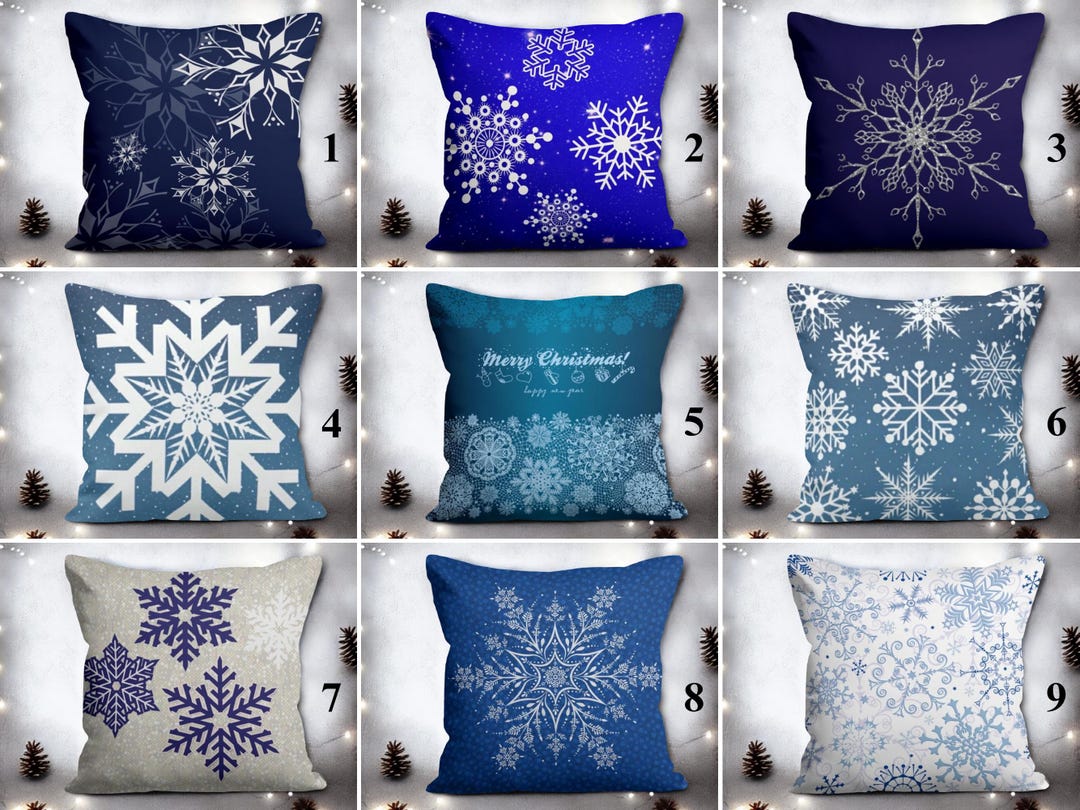 Capa de almofada azul com flocos de neve, almofada decorativa de Natal ...