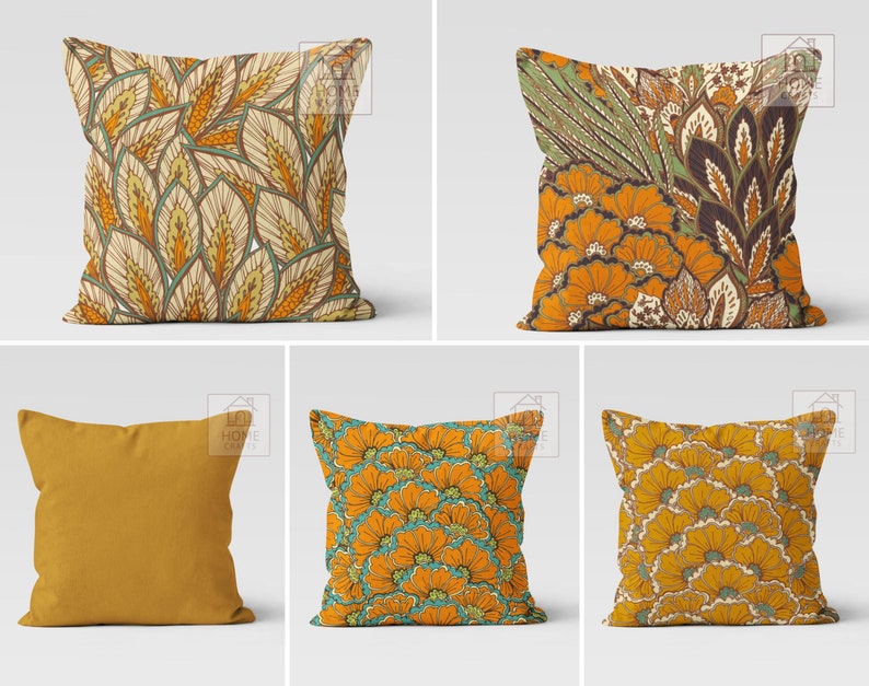 Mid Century Modern Botanical Pillow Cover, Retro Leaf Patterns, Mustard ...