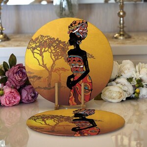 African Woman Placemat, Wooden Table Mat, African Supla, Ethnic Round ...