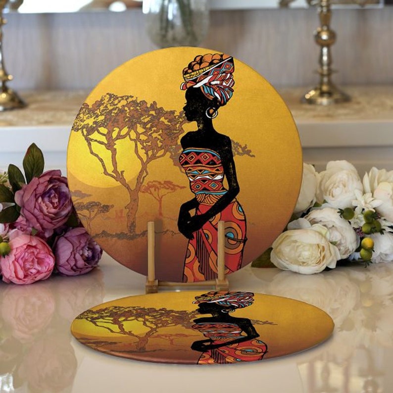 African Woman Placemat, Wooden Table Mat, African Supla, Ethnic Round ...