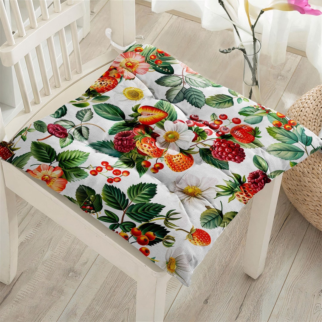 Strawberry & Raspberry Chair Cushions, Vintage Floral Puffy Seat Pad ...