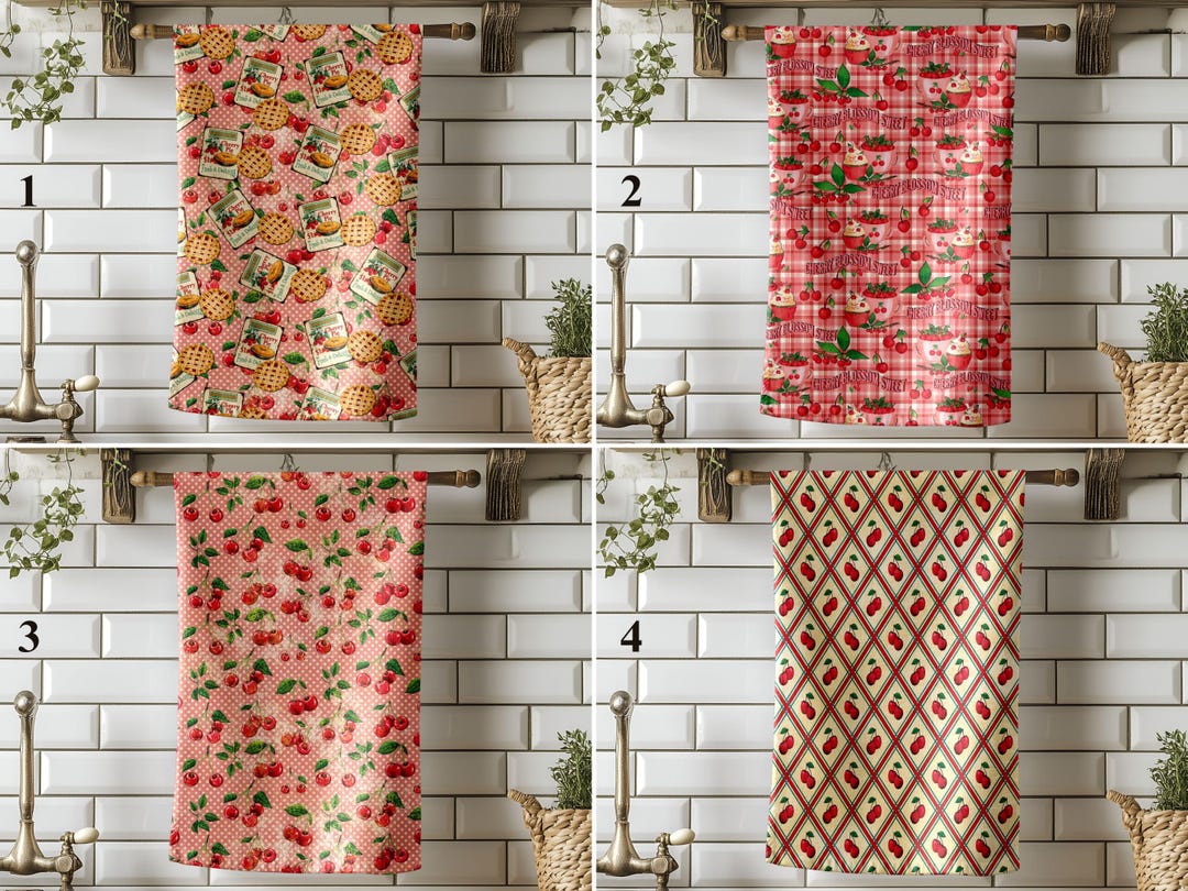Cherry Print Kitchen Towels, Retro Fruit & Dessert Dish Towels, Pink ...