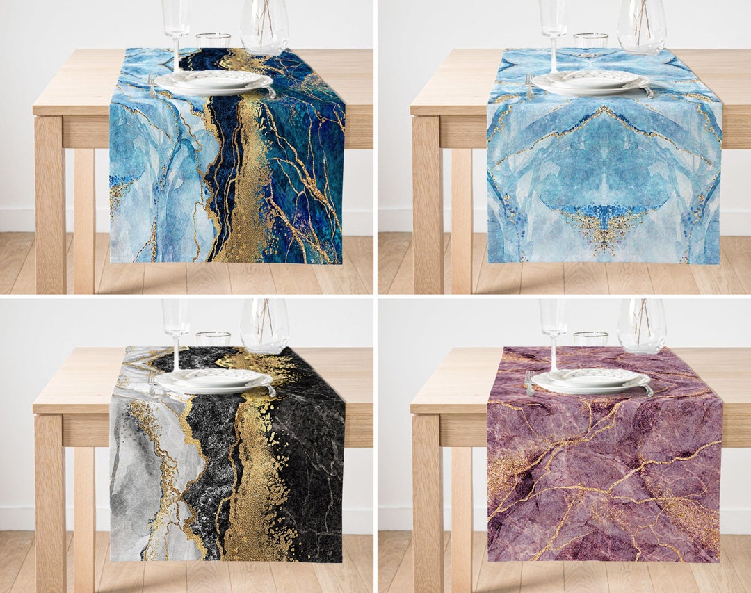 Marble Table Runner, Blue Marble Table Cover, Modern Design Tableware ...