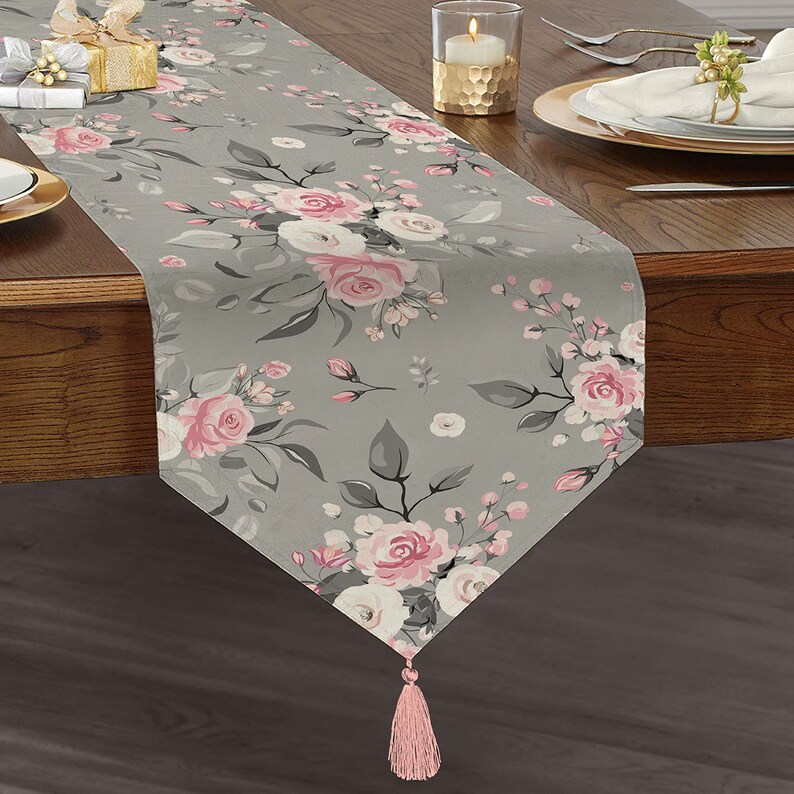Gray Pink Rose Table Runner Triangle Table Linen Grandeur - Etsy
