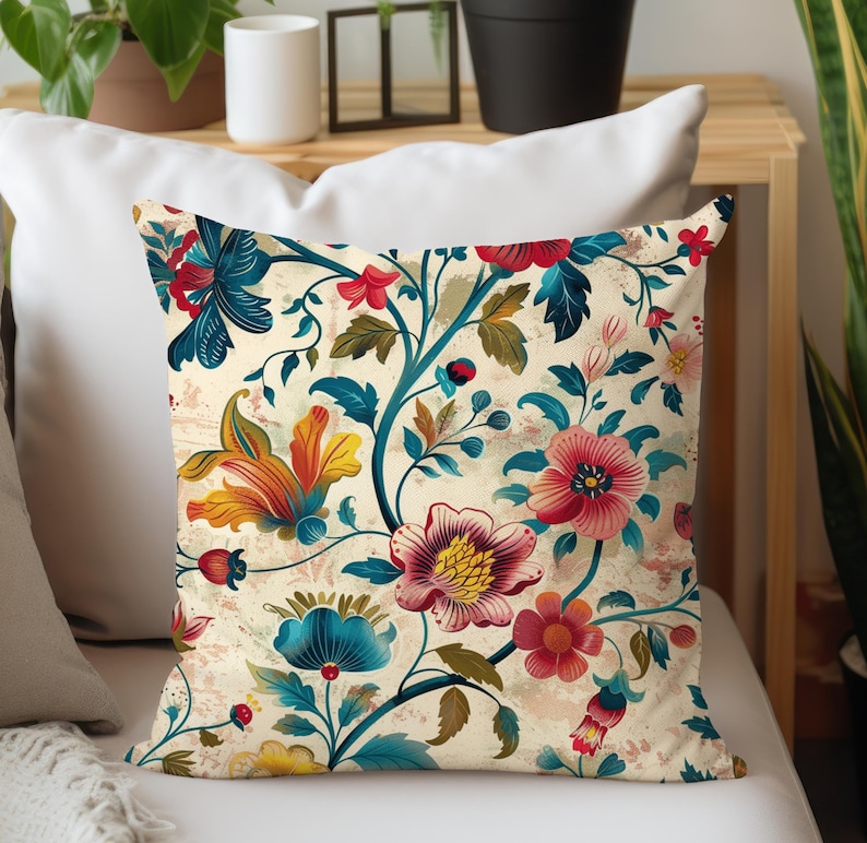 Chintz Style Throw Pillow Cover, Exotic Floral Print, Soft Cotton Blend ...