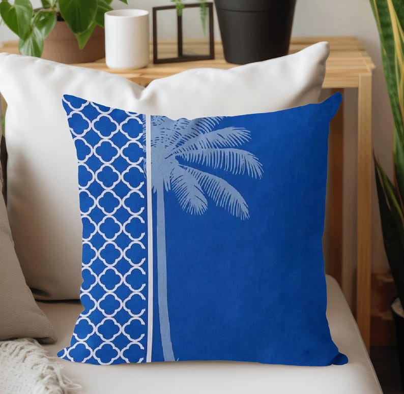 Blue Tropical Pillow Cover, Navy Palm Leaves Cushion, Coastal Hibiscus ...