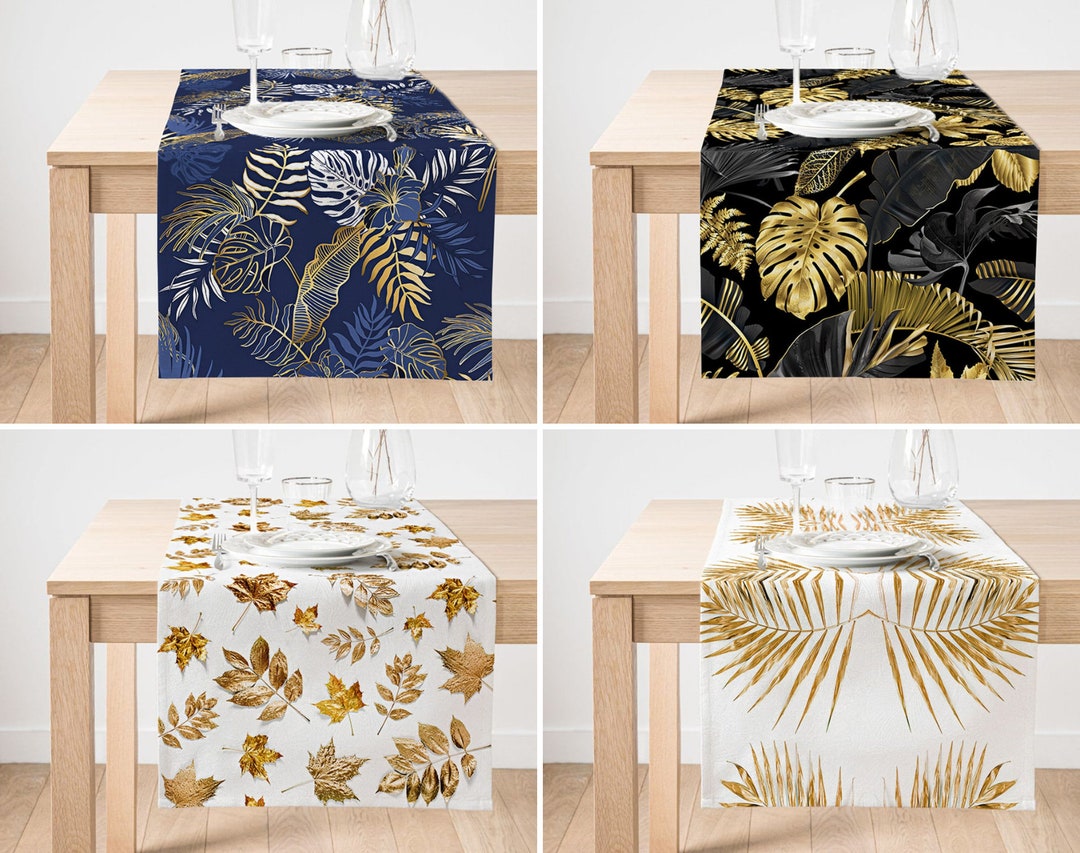 Gold Leaves Table Runner, Leaves Trend Table Cover, Gold White Kitchen ...