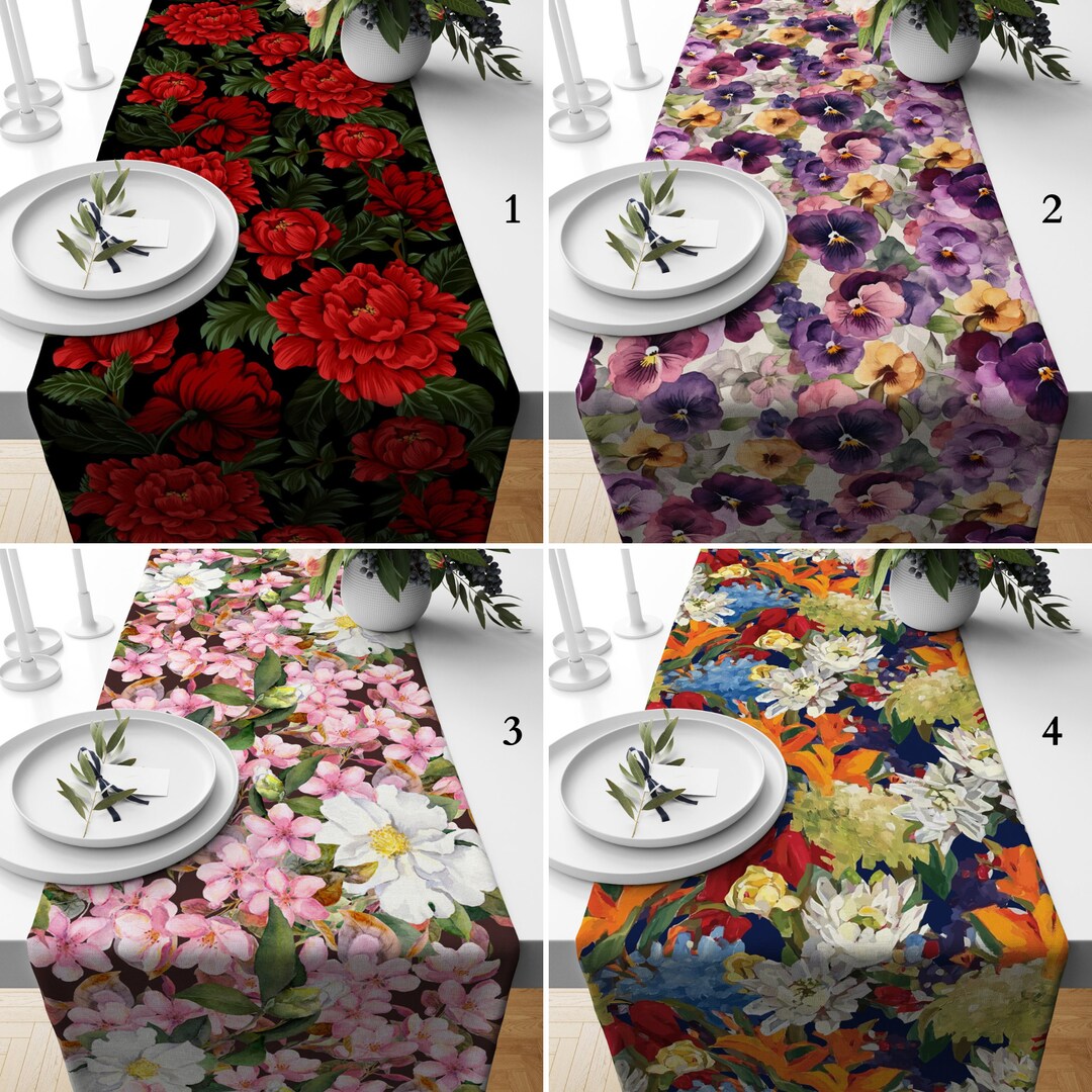 Red Peonies Table Runner, Pansies Table Decoration, Cherry Blossom Table Top, Watercolor Flowers ...