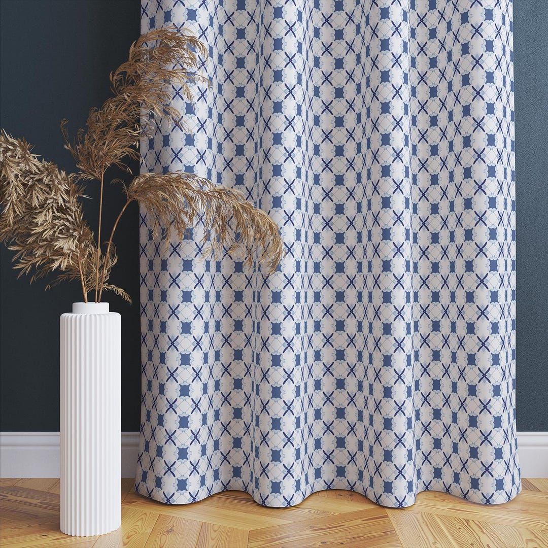 Blue Minimalist Pattern Curtains, Geometric Drape, Boho Window ...