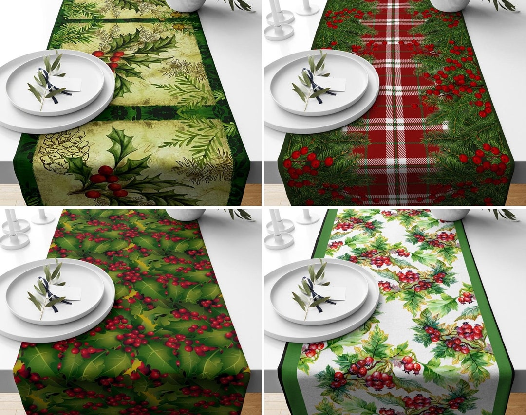 Red Green Holly Berries Style Table Runner, Christmas Rectangle Table ...
