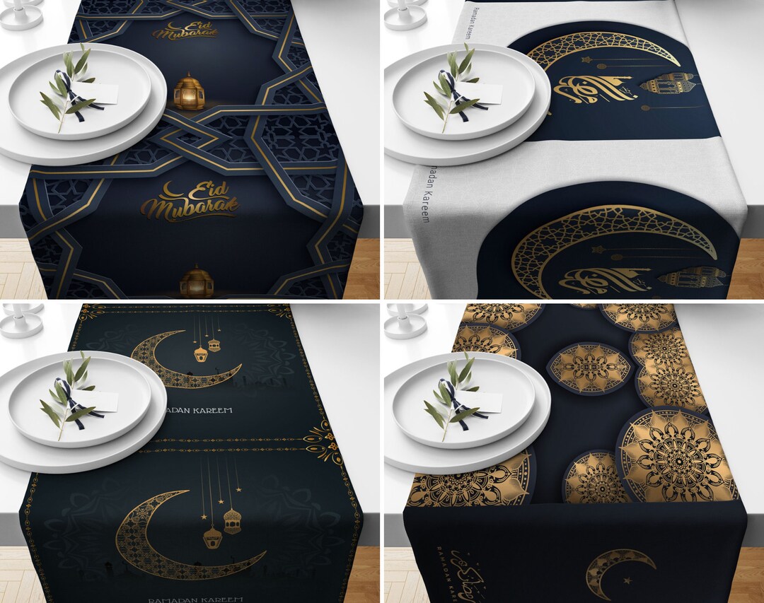 Eid Mubarak Print Table Runner, Lampion Pattern Table Linen, Crescent ...