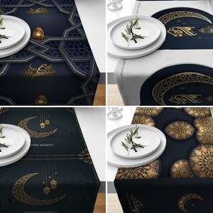 Eid Mubarak Print Table Runner, Lampion Pattern Table Linen, Crescent ...