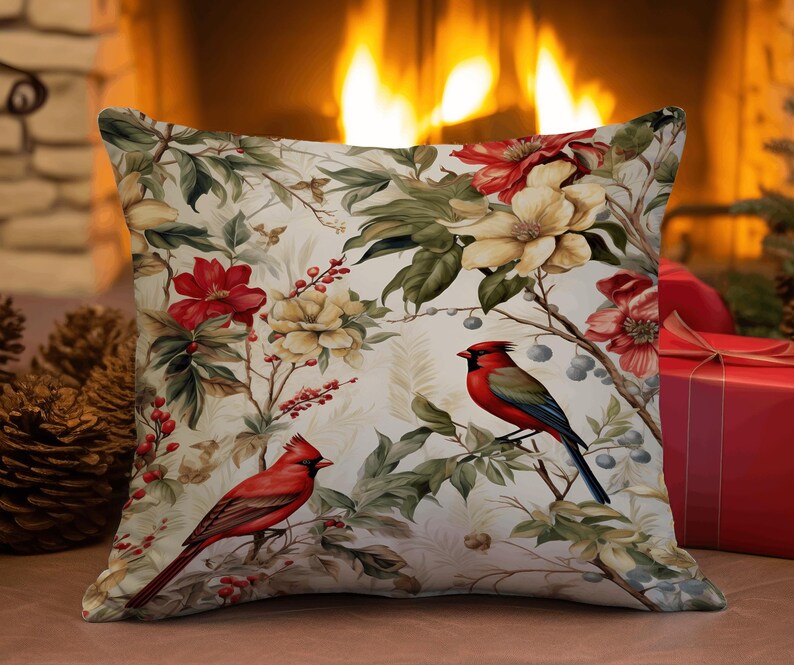 Cardinal Christmas Pillow Covers, Holiday Bird and Poinsettia Cushion ...