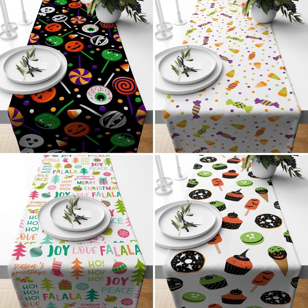 Carved Pumpkin Design Table Decor, Halloween Runner, Ghost Table Cloth ...