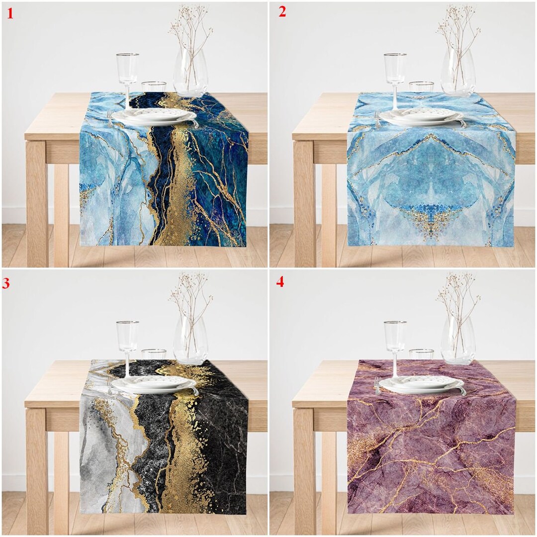 Marble Table Runner Blue Marble Table Cover Modern Design - Etsy