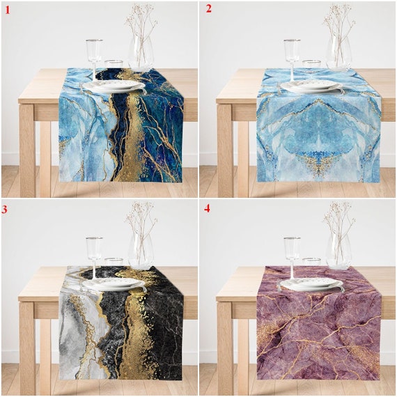 Marble Table Runner Blue Marble Table Cover Modern Design - Etsy