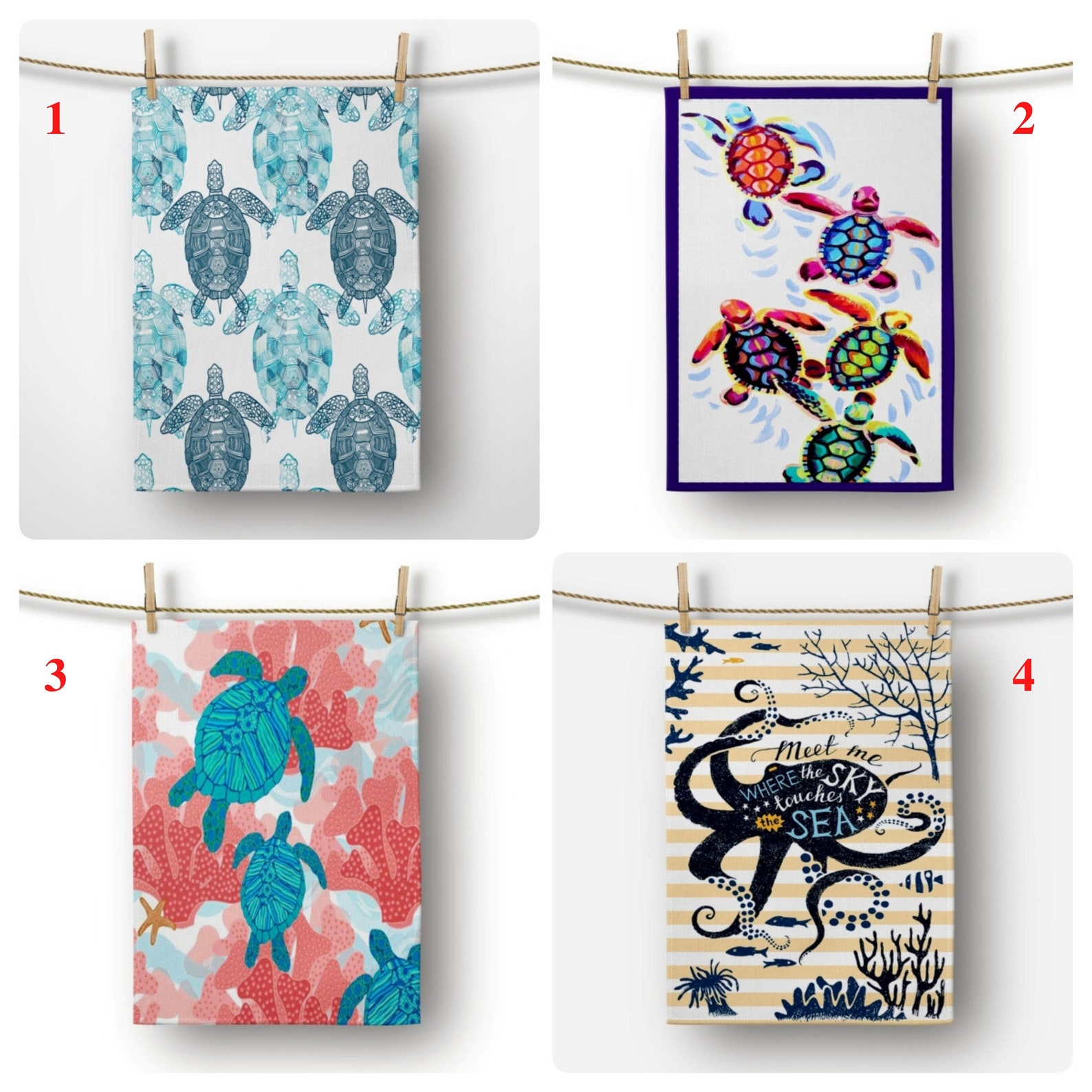 Sea Turtle Tea Towel set of 2 Octopus Pattern Kitchen - Etsy