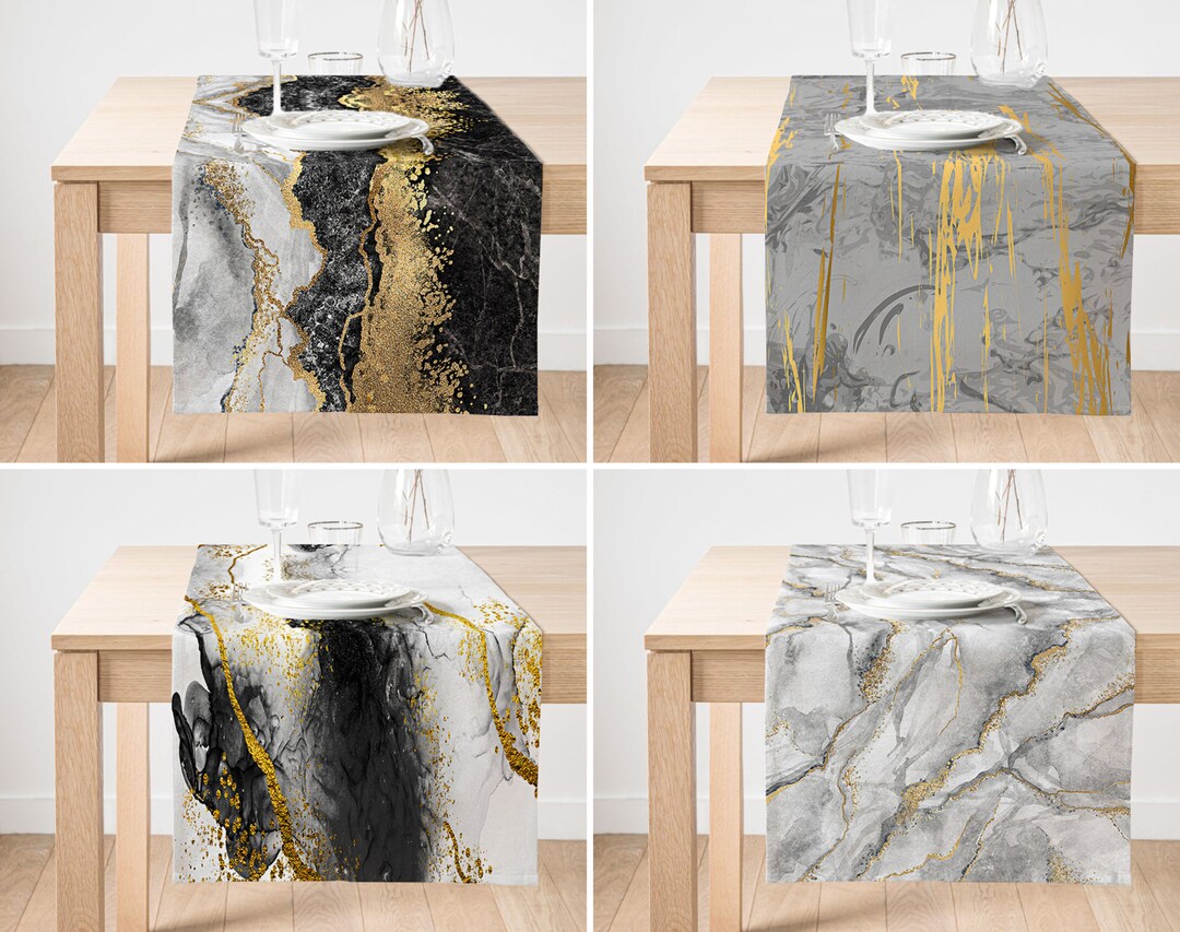 Marble Table Runner, Gray Black Gold Marble Table Cover, Modern ...