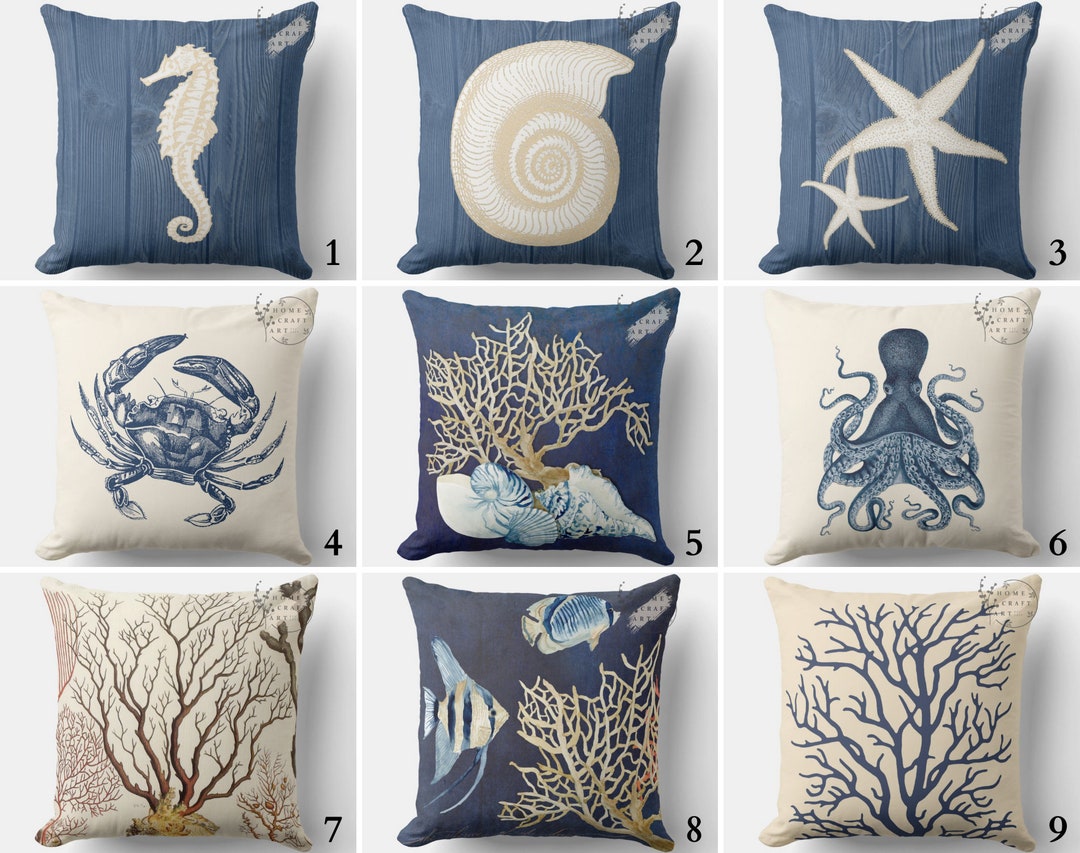 Capa de Almofada Azul Marinho com Tema Costeiro, Capa de Almofada com ...