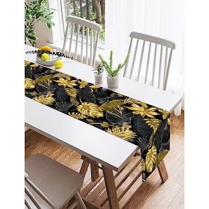 Gold Leaves Table Runner, Leaves Trend Table Cover, Gold White Kitchen ...