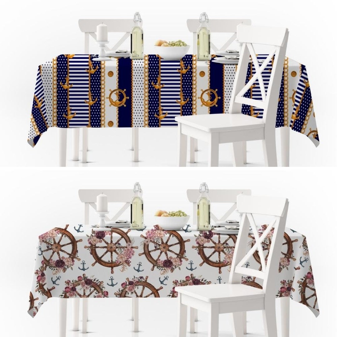 Ship Wheel & Anchor Table Sheets, Helm Pattern Tablecloth, Navy Blue ...