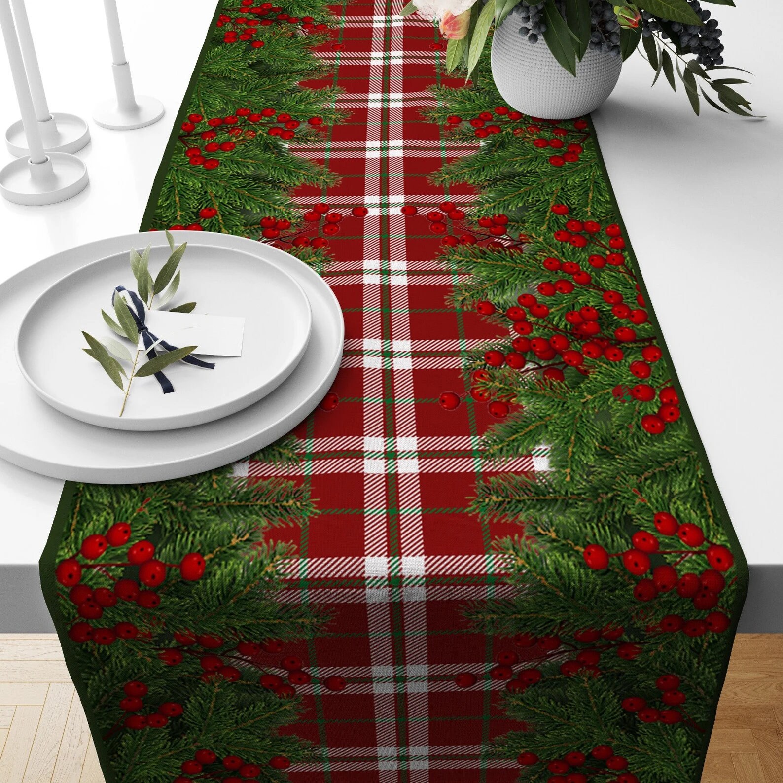 Holly Berry Christmas Table Runner, Plaid Noel Ornament Decor - Etsy