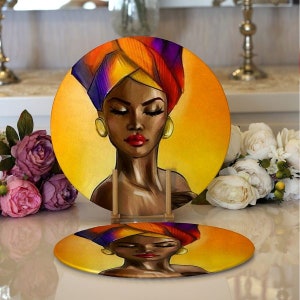 African Woman Placemat, Wooden Table Mat, African Supla, Ethnic Round ...