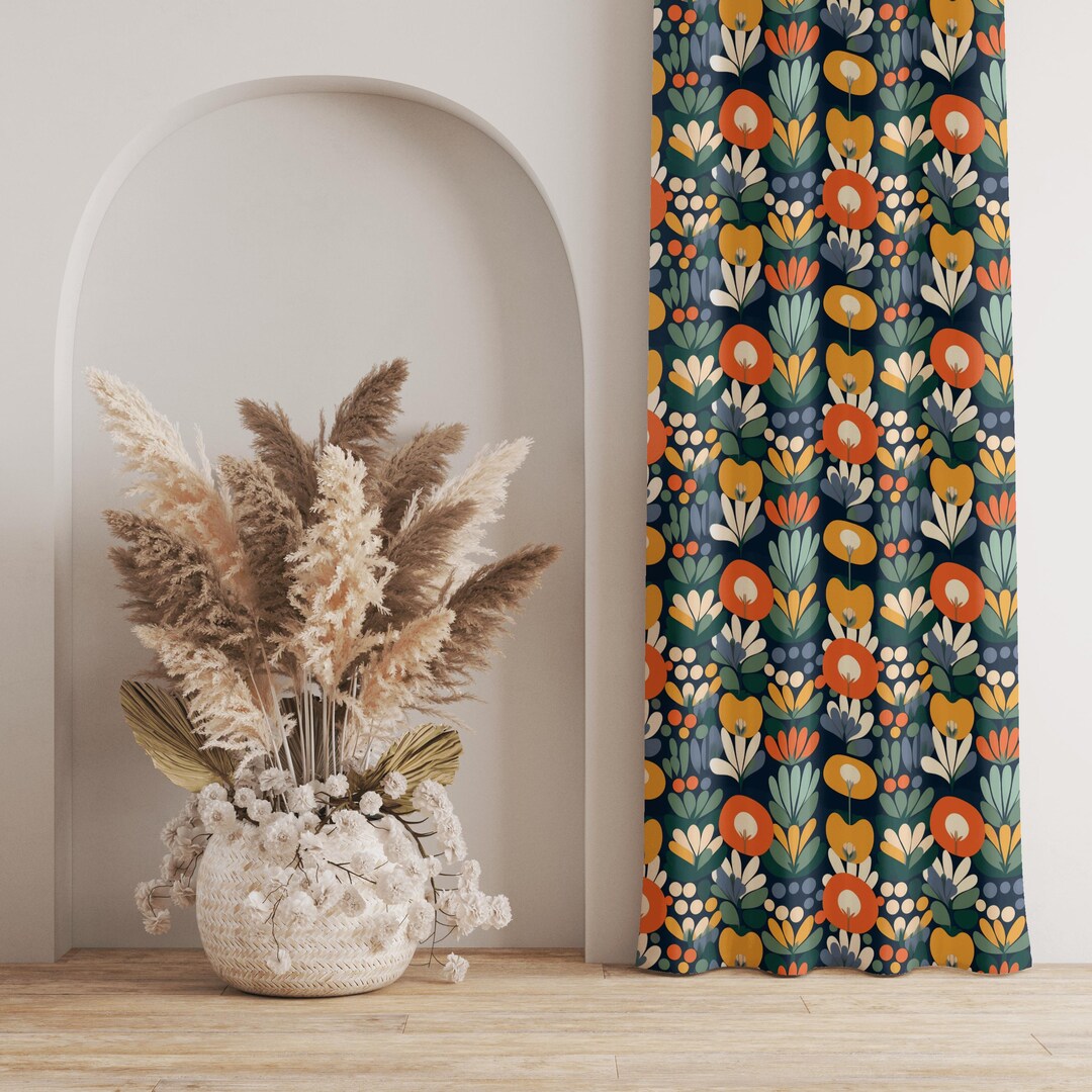 Retro Flower Curtain, Seamless Pattern Abstract Boho Floral Curtain ...