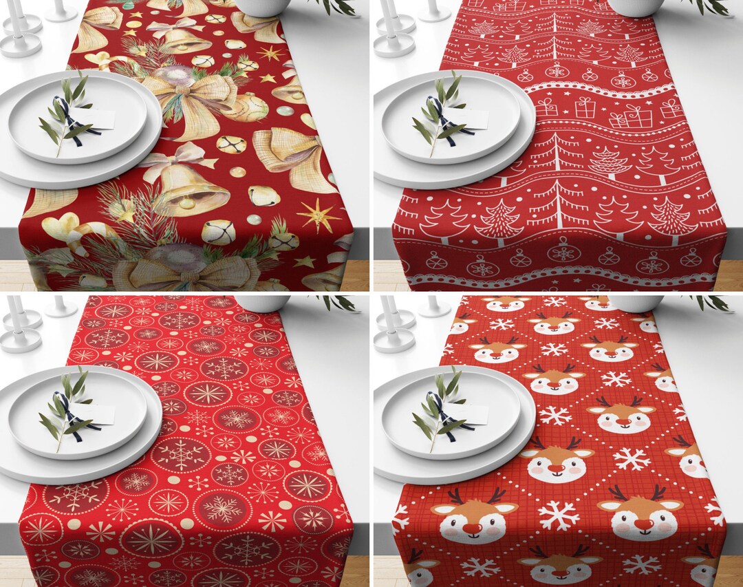 Xmas Bell Design Table Runner, Red Christmas Snowflake Table Linen, New ...