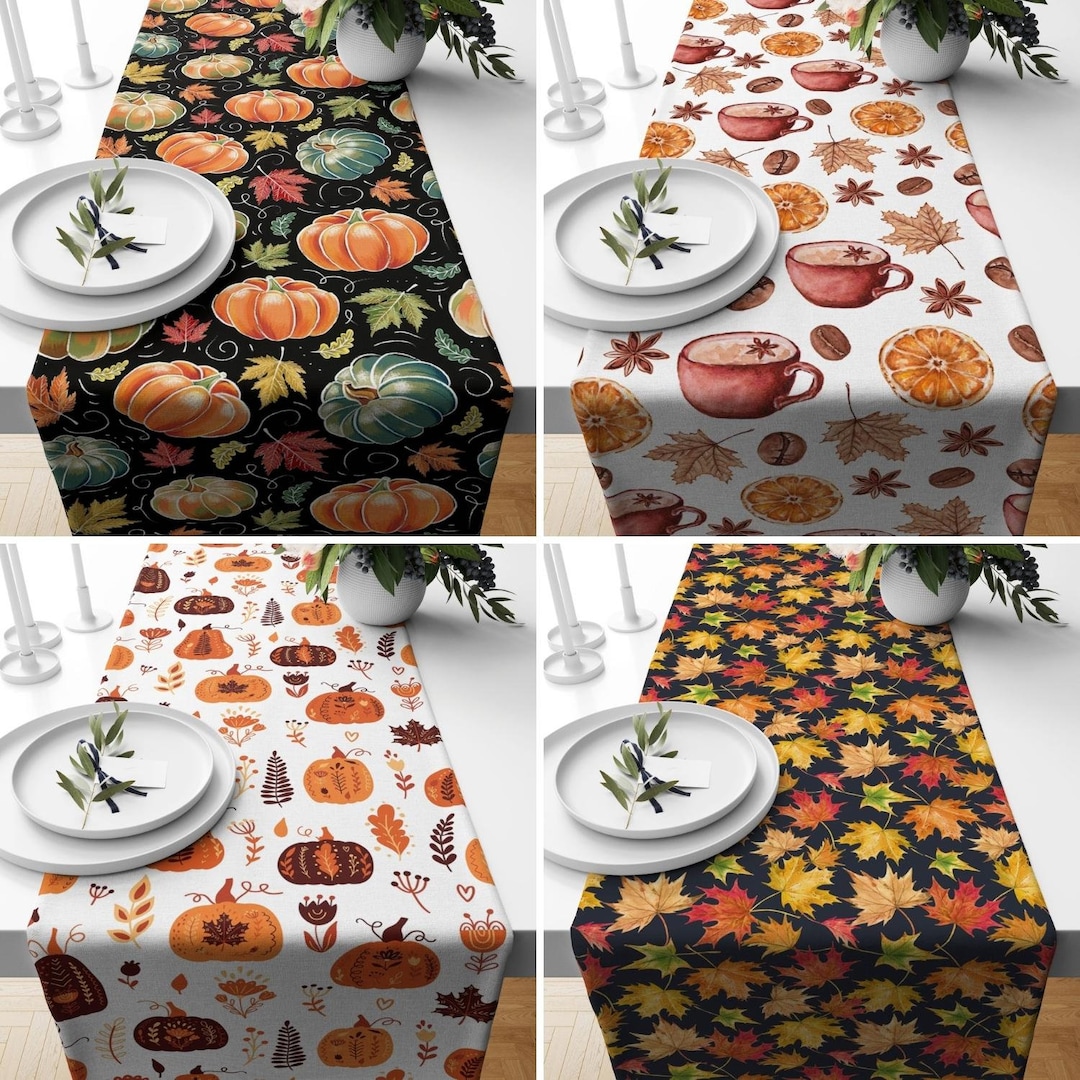 Orange Pumpkin Table Runner, Dry Leaves Print Runner, Trend Table Top ...