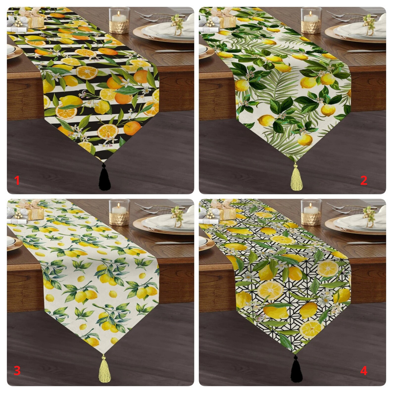 Lemon Print Table Runner, Cotton Polyester, Tasseled Fruit Decor - Etsy
