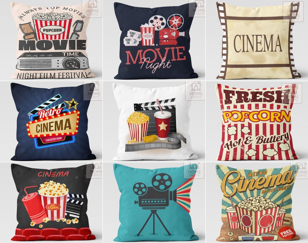 Retro Cinema Pillow Cover, Popcorn Movie Night Cushion, Home Theater ...