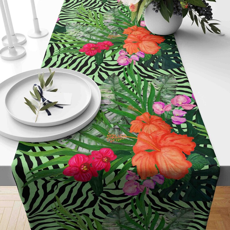 Monstera Leaves Table Runner, Palm Tree Leaves Table Runner, Bird of ...