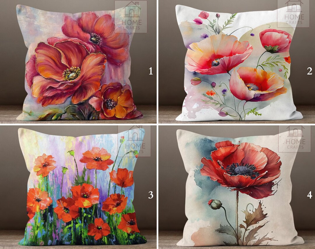 Red Poppy Flower Pillow Cover, Watercolor Poppies Cushion Case ...
