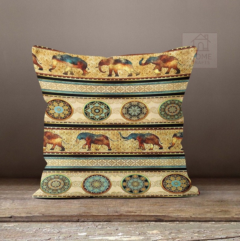 Boho Elephant Pillow Cover, Indian Mandala Cushion Case, African Safari ...