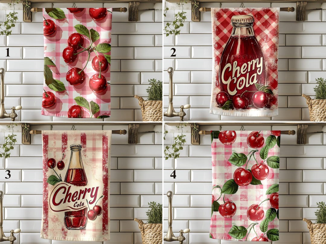 Retro Cherry Style Kitchen Towels, Gingham Red Fruit & Cherry Cola Dish ...