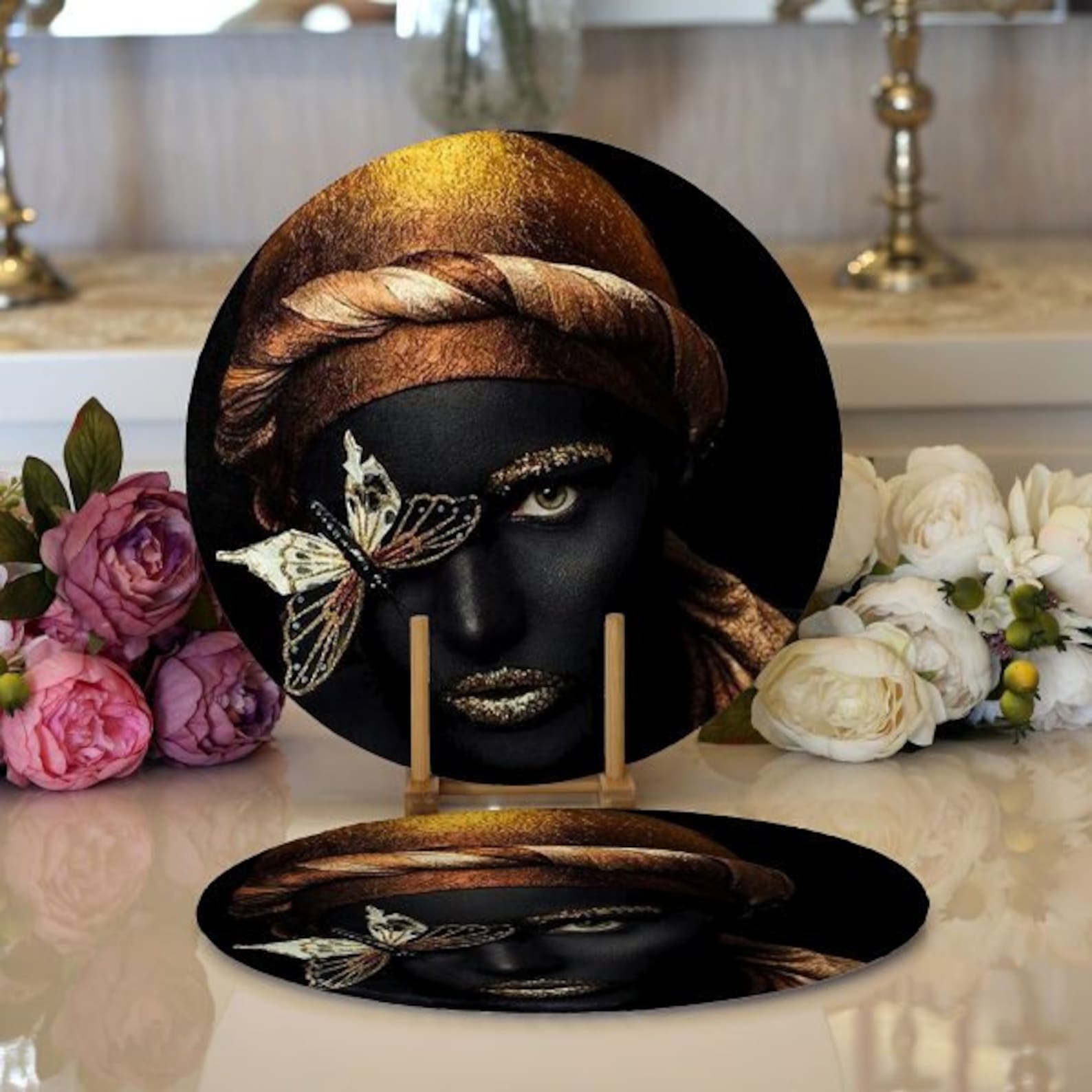 Black Woman Table Mats, Black Gold Placemat, African Tableware, Ethnic ...