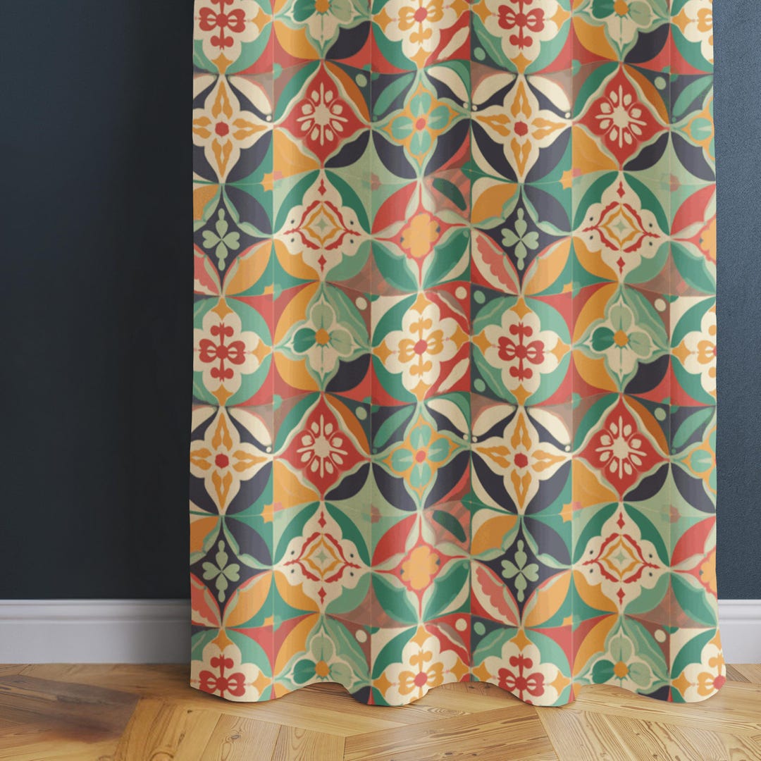 Colorful Tile With Flowers Pattern Curtain, Retro Vintage Mexican ...