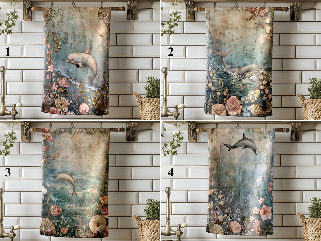Vintage Dolphin Kitchen Towels, Romantic Ocean & Floral Pattern Dish ...