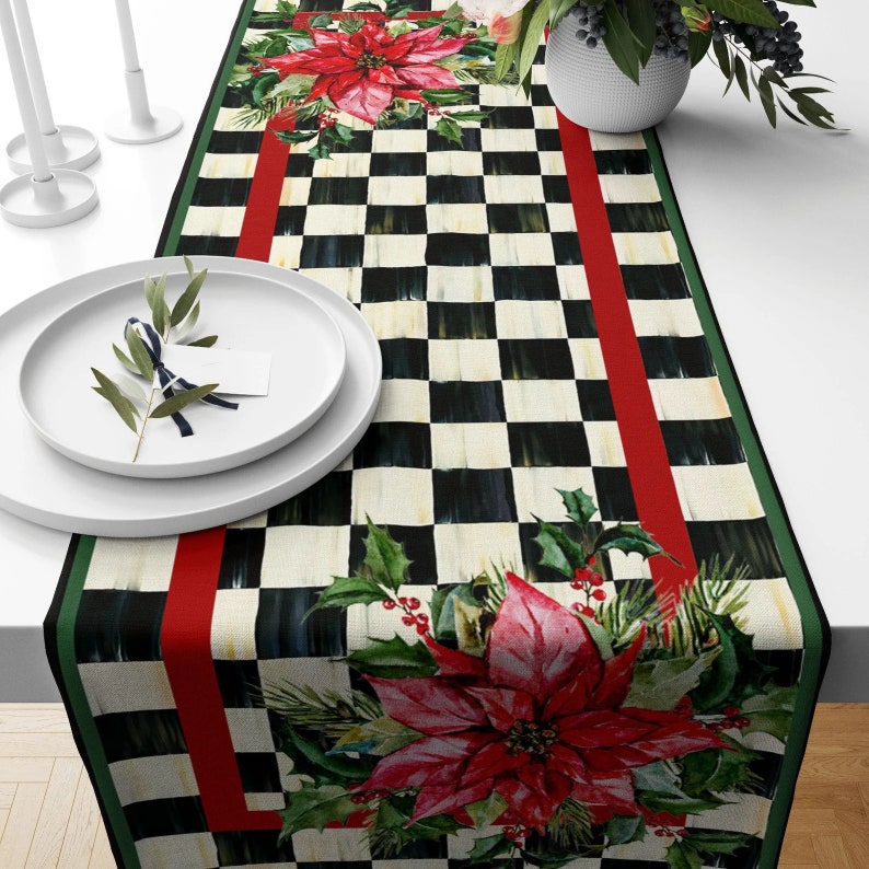 Christmas Red Flowers Printing Table Runner Xmas Floral - Etsy