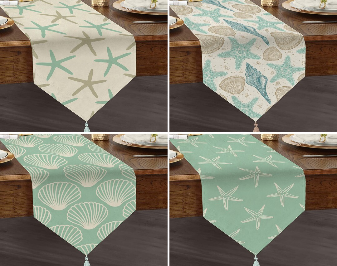 Starfish Design Table Sheet, Marine Style Triangle Runner, Sea Shell ...