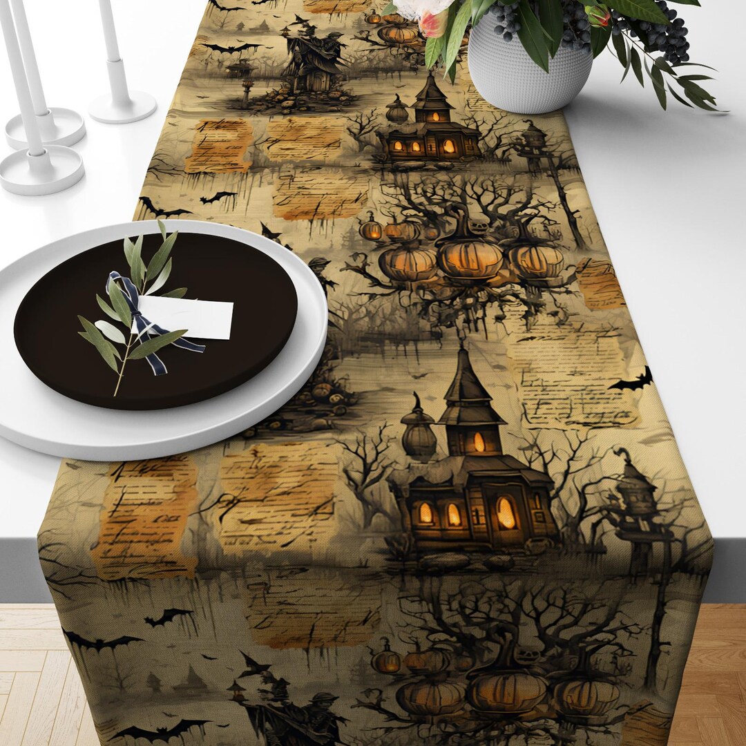 Halloween Table Runner, Ghost Pumpkin Runner, Haunted House Table Cloth ...